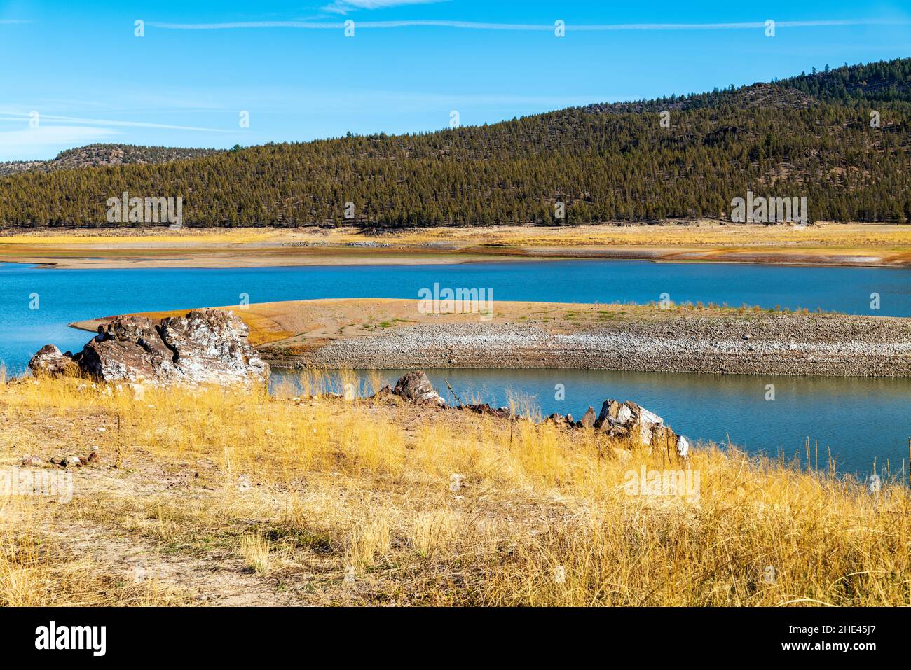 Extremely low & drought stricken Ochoco Reservoir; central Oregon; USA ...