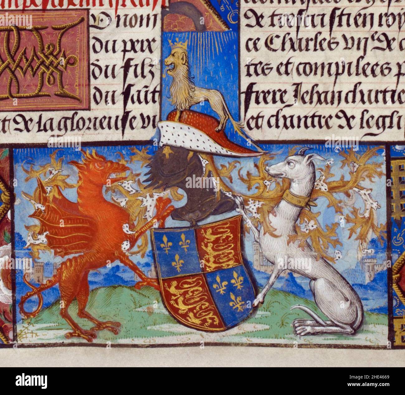Royal arms of England supported by a red dragon and a white hound Stock ...