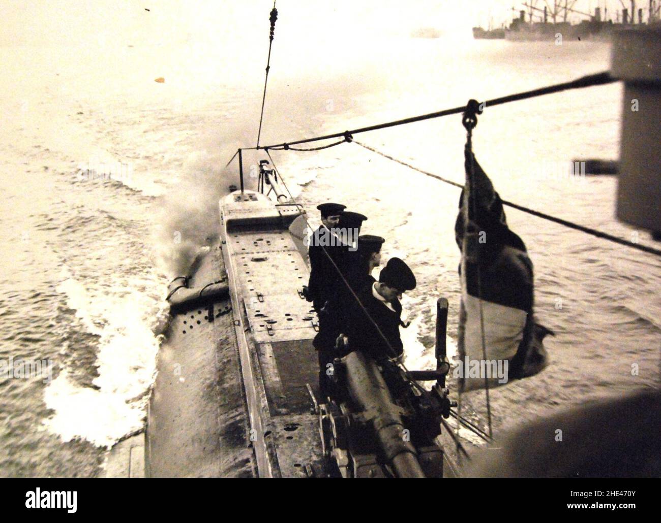 Royal Navy submarine, HMS E34, leaving Harwich Harbor, England ...