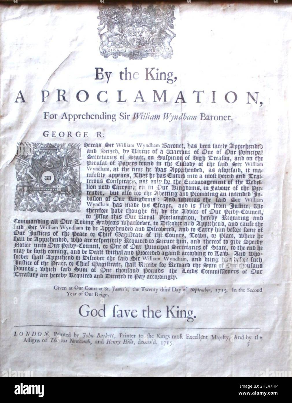 RoyalProclamation 1715 ForArrestOf SirWilliamWyndham 3rdBaronet Stock ...