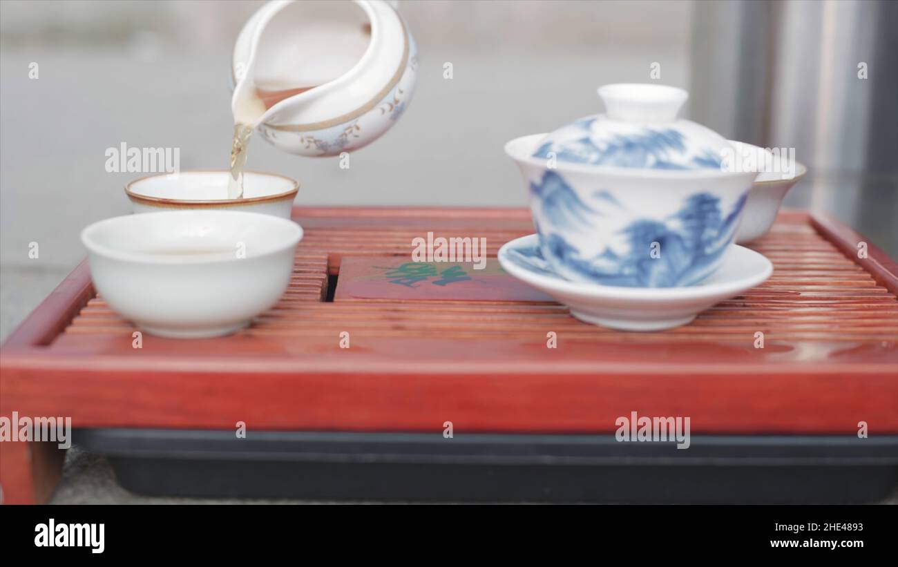 Chinese tea ceremony. Video. close-up table for the tea ceremony ...