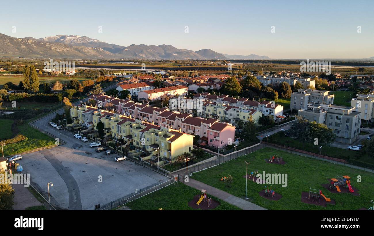 Aerial view of a city with beautiful architecture and short buildings ...