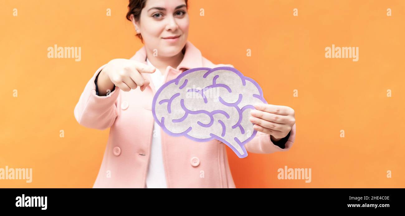 Portrait with brain figure and brainstorming concept. Businesswoman ...