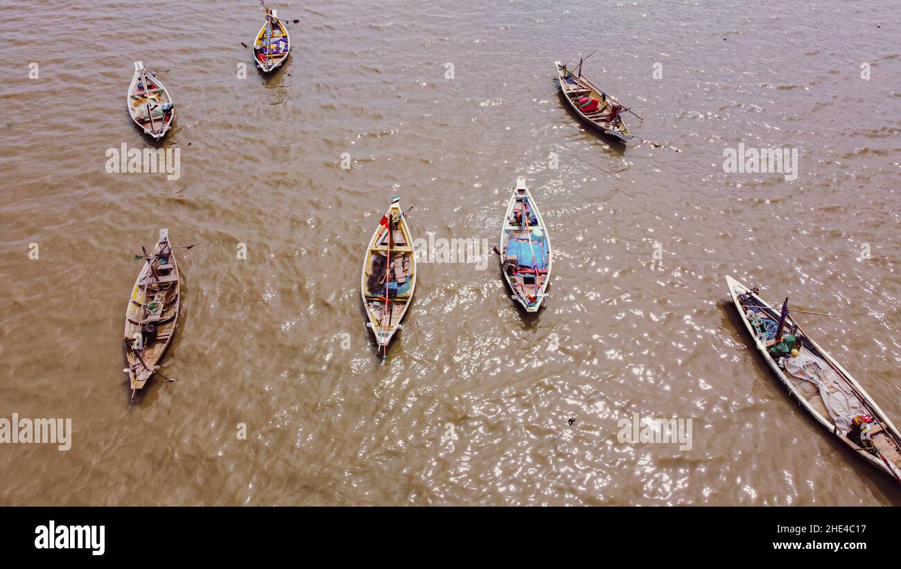 Aerial view of an ornamental boat festival on kenjeran beach, surabaya ...