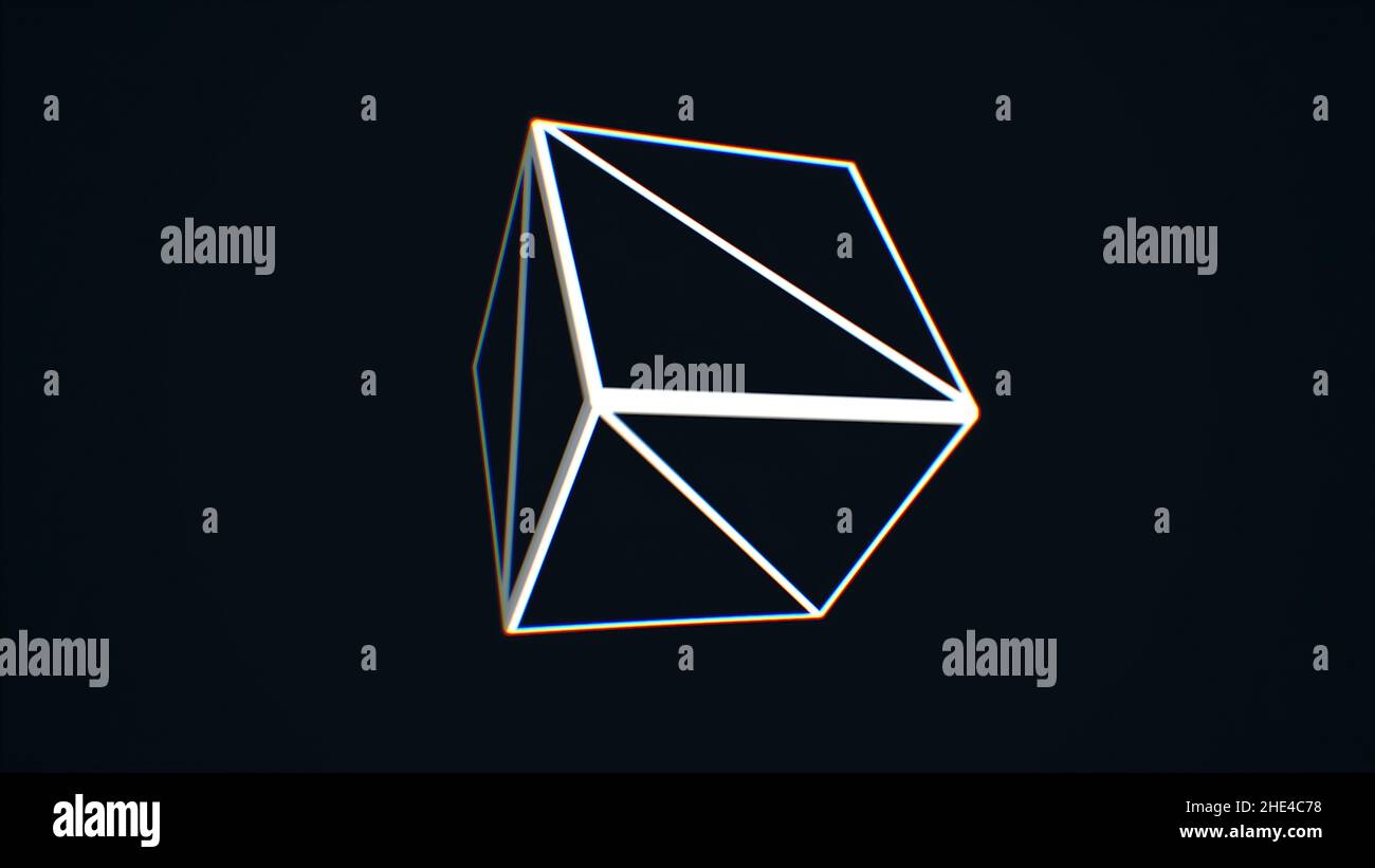 White cube edges rotating on black background. Abstract spinning ...