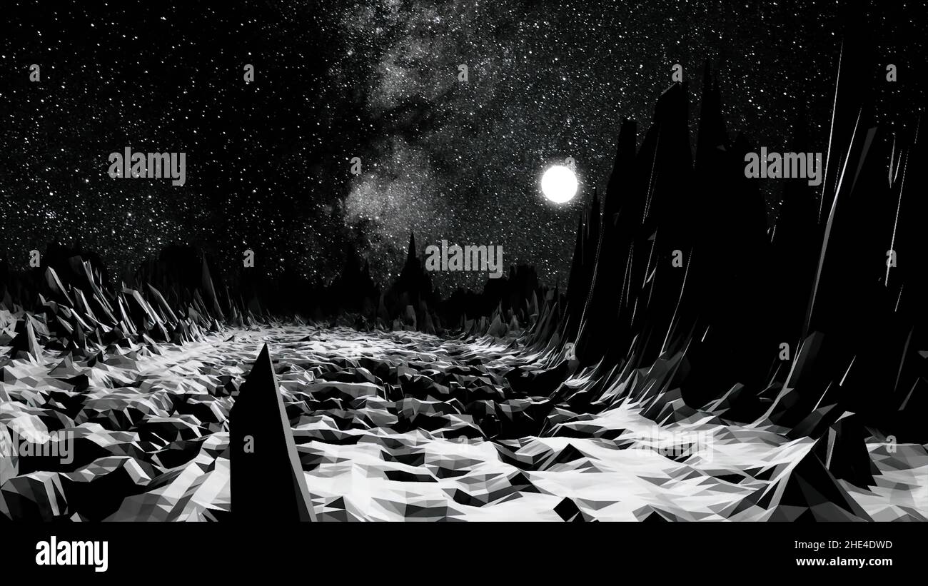 Cosmic, monochrome landscape, environment of the rocky planet, detailed ...