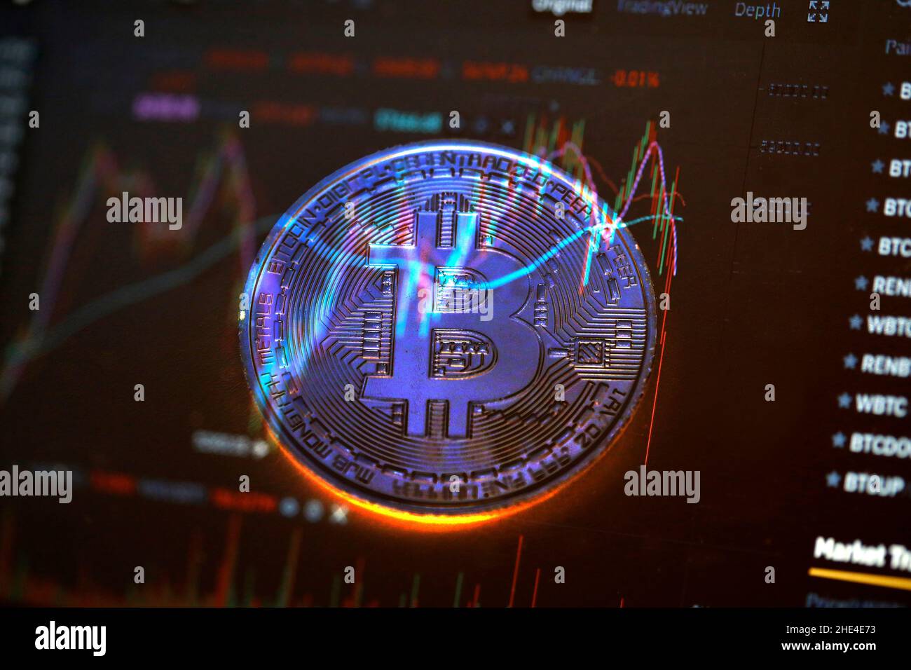 Cryptocurrency coin in combination with financial stock market data and ...