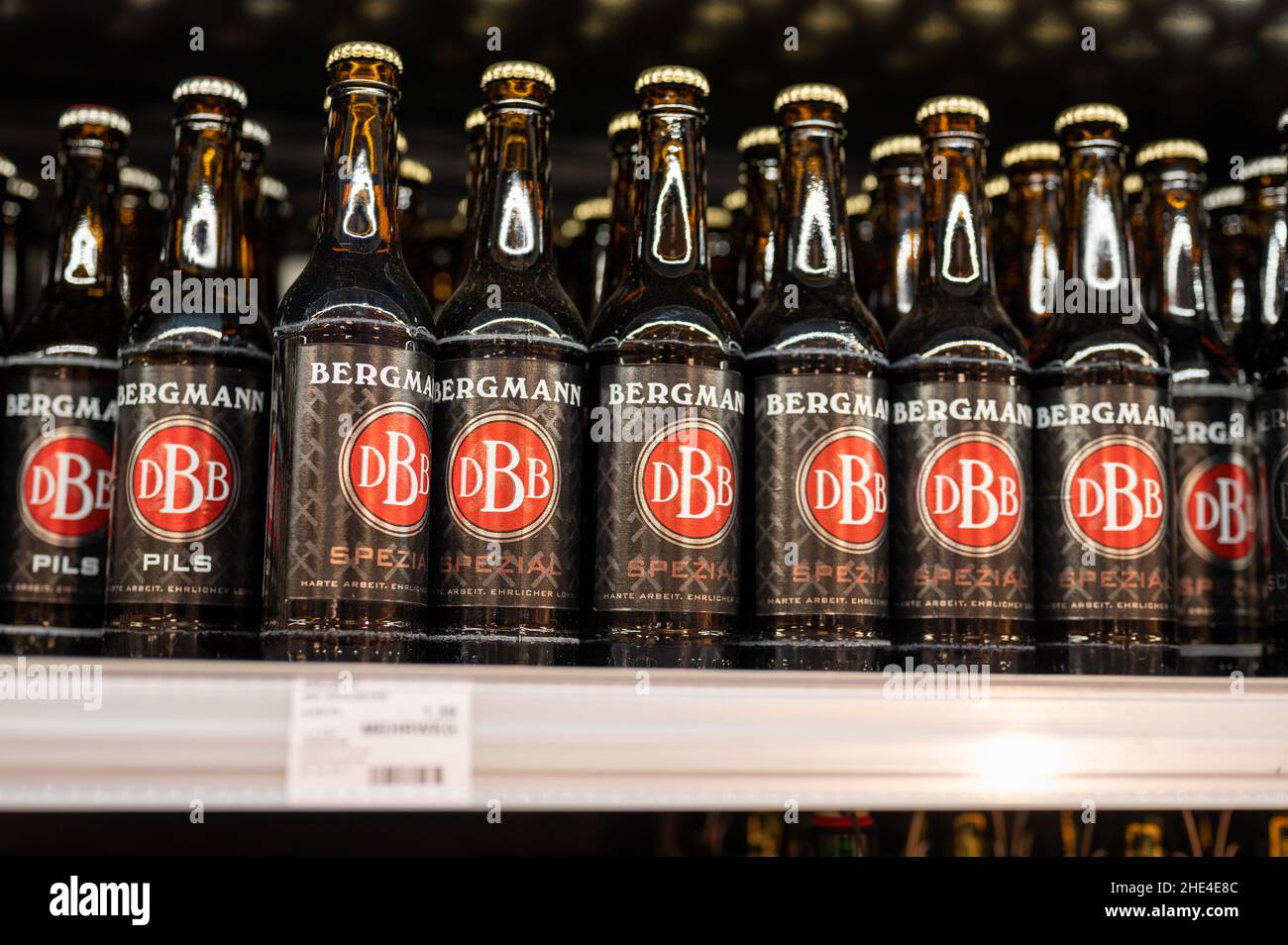 Row of Bergman beers on a shelf of a supermarket in Dortmund, Germany ...