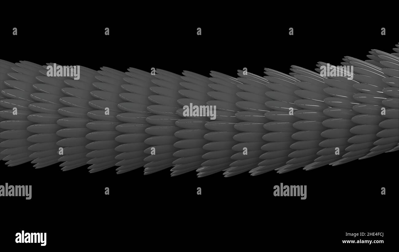 Side view of an abstract grey snake body moving on black background ...