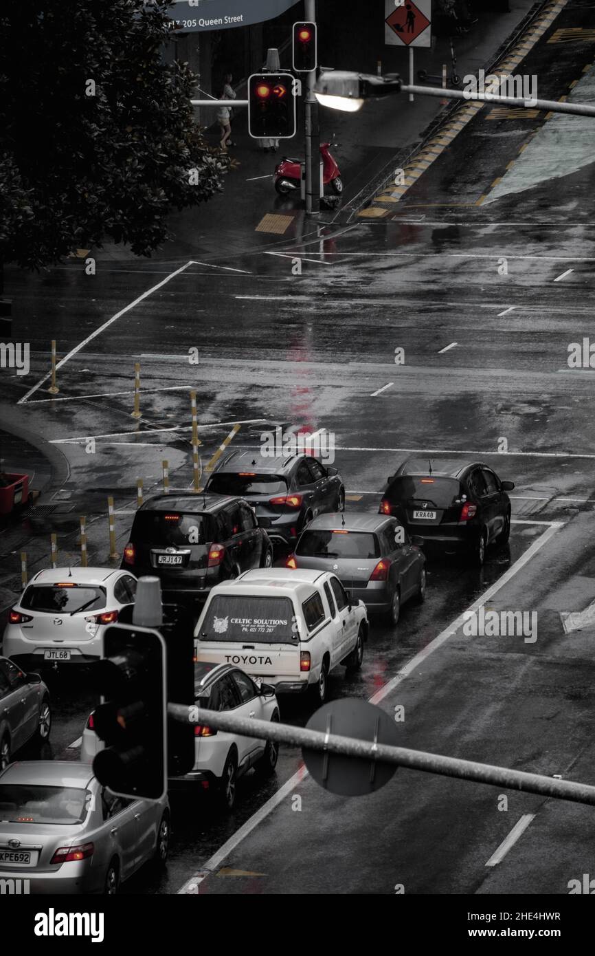 Top shot for a busy street with cars waiting during red light in ...