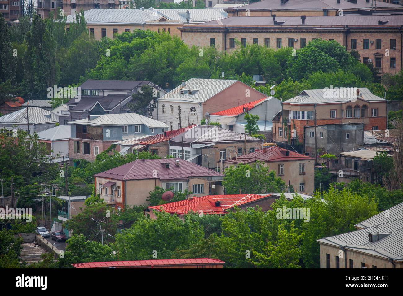 View of rooftops of houses and trees in Yerevan, Armenia Stock Photo ...