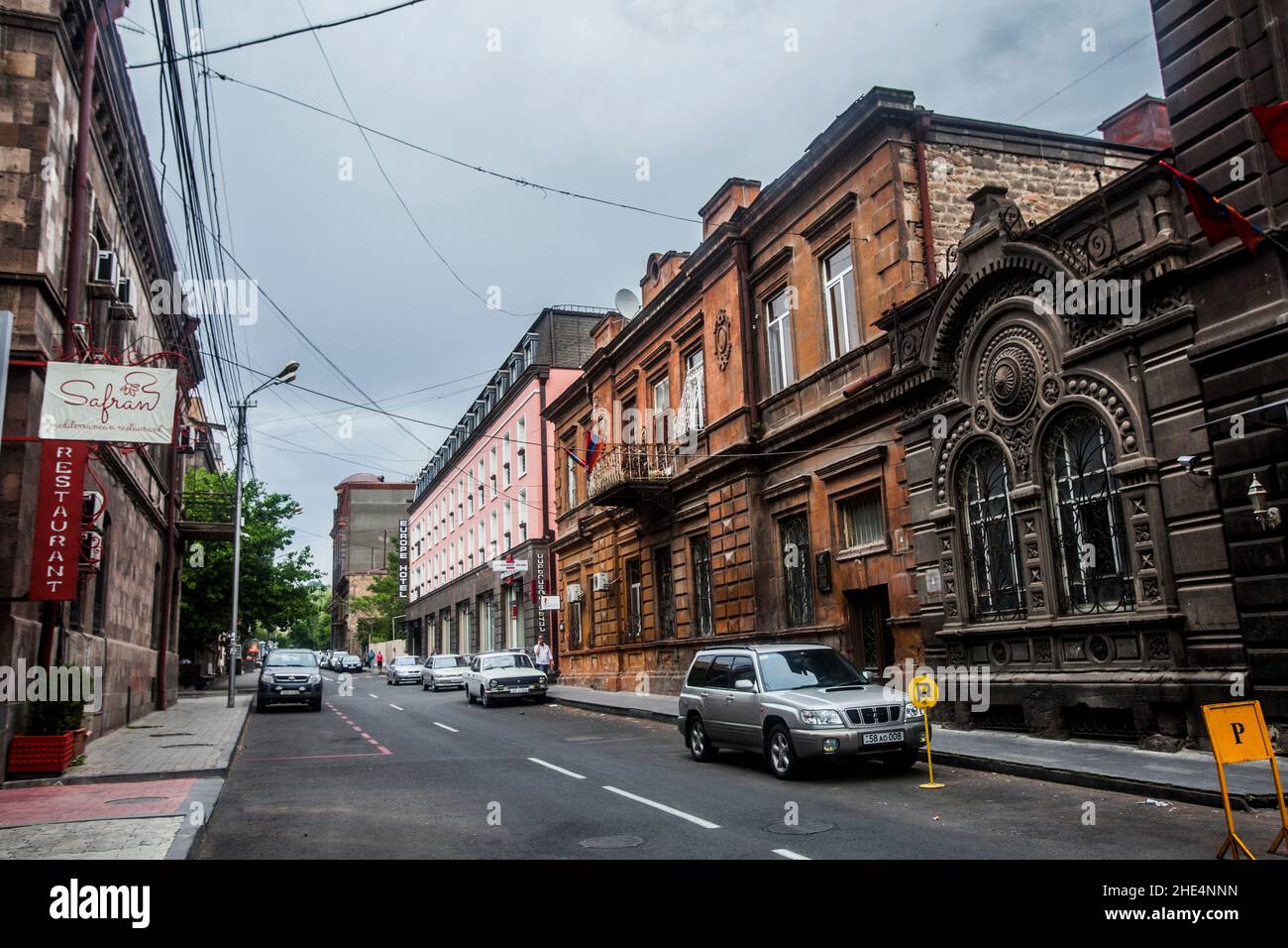 The exterior facade of the old buildings in a historical district in ...