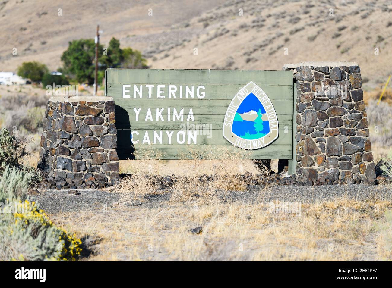 Yakima Canyon, WA, USA - September 20, 2021; Sign indicationing that ...