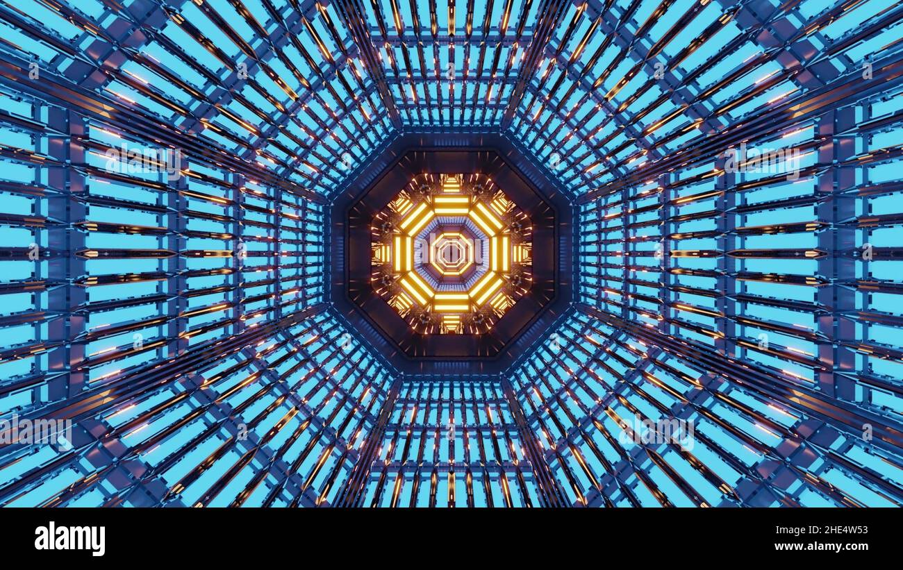 A 3D illustration of a blue octagon shaped sci-fi tunnel enlightened ...