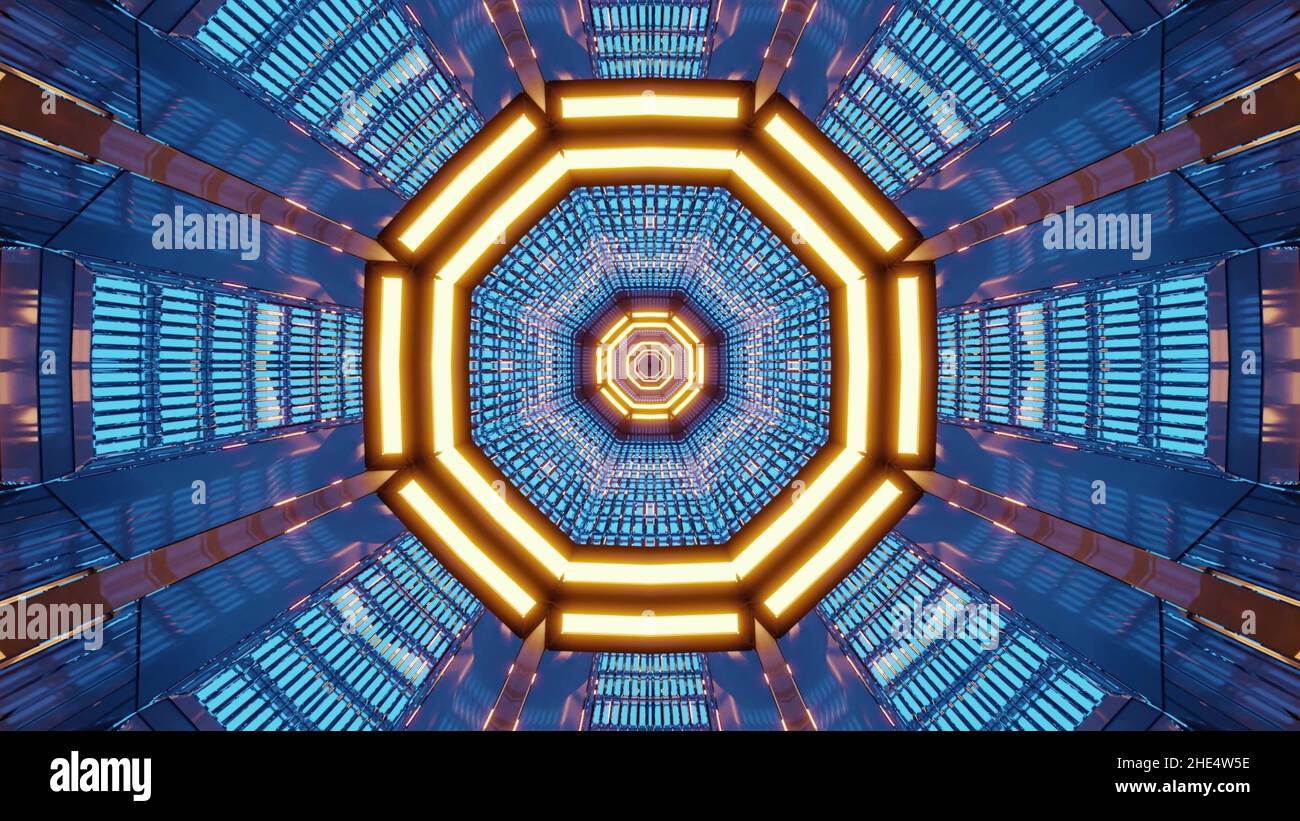 A 3D illustration of a blue octagon shaped sci-fi tunnel with ...