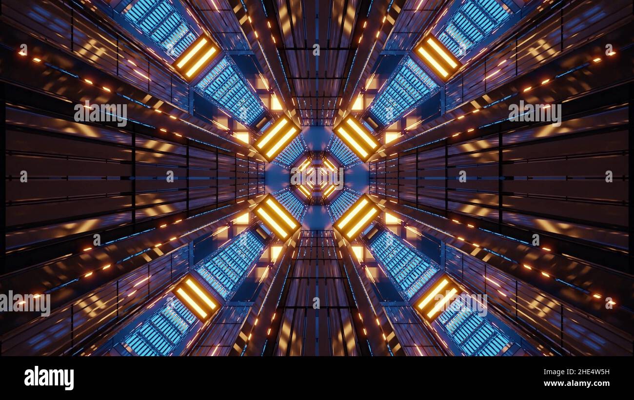 A 3D illustration of a blue rhombus shaped sci-fi tunnel with ...