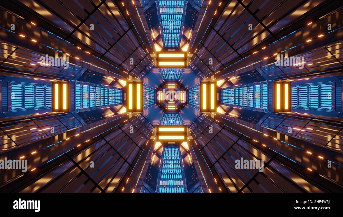 A 3D illustration of a blue octagonal sci-fi tunnel with enlightened ...