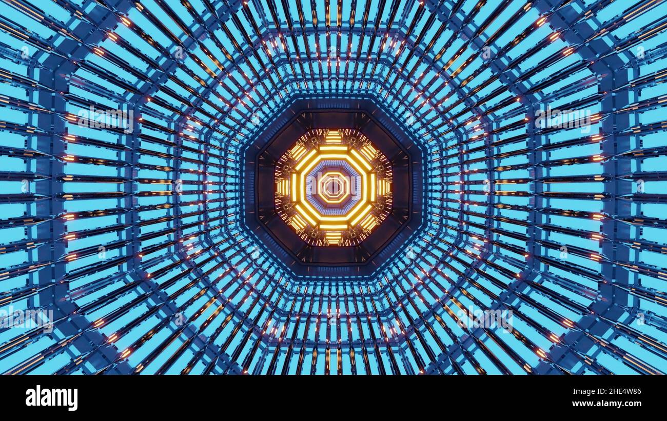 A 3D illustration of a blue octagon shaped sci-fi tunnel enlightened ...