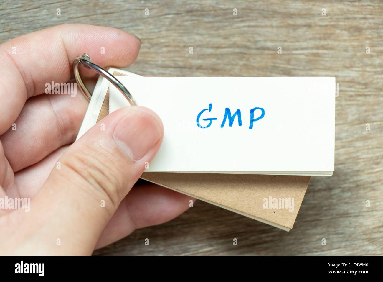 Man hold the flash card with handwriting word GMP (Abbreviation of good ...
