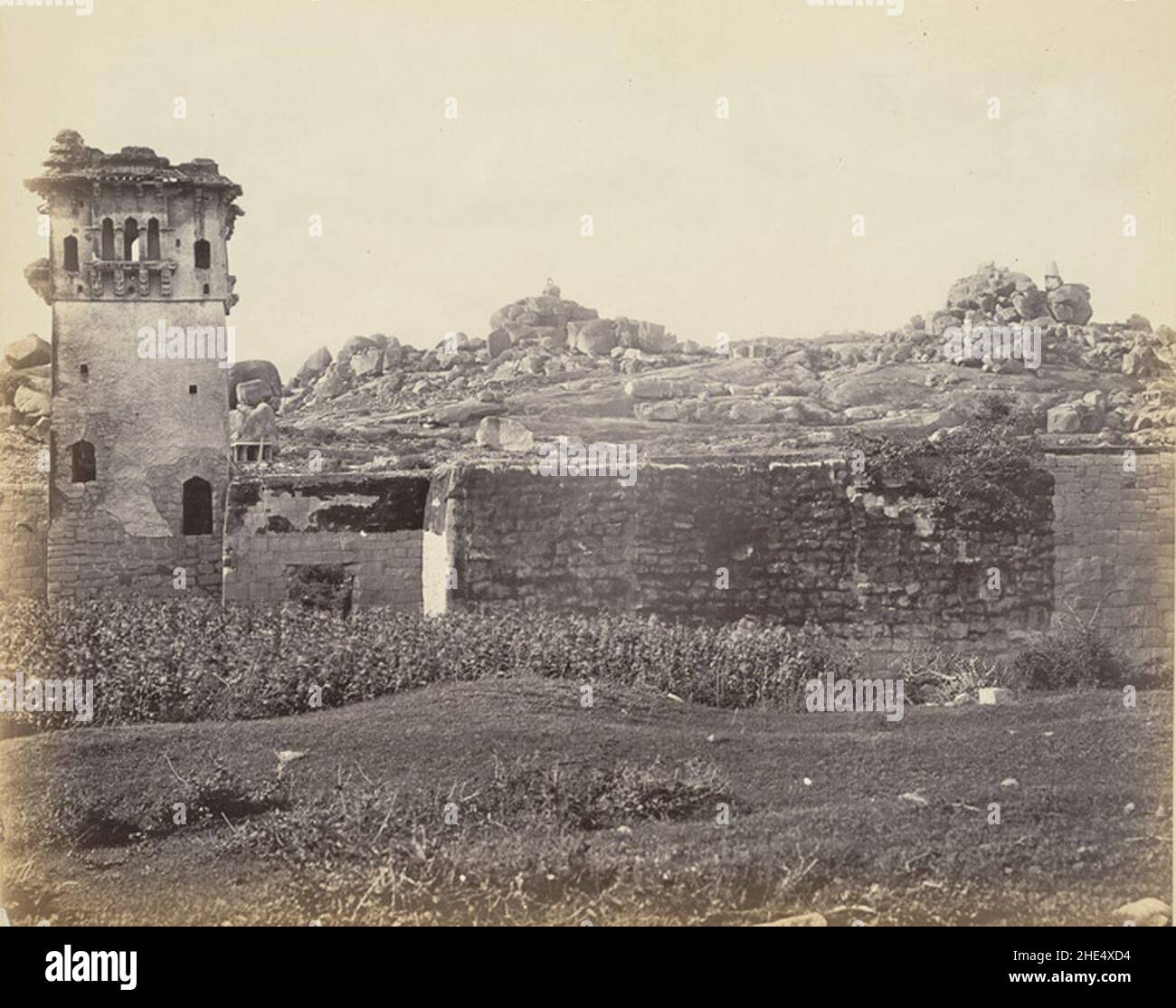 Ruins of Vijianuggur near Calamapoor Kamalapura, with square watchtower ...