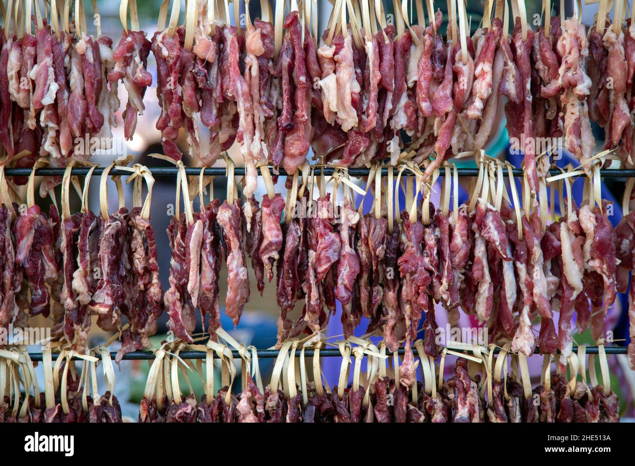 sun dried pork recipe in Thai food before grill of boil in street food ...