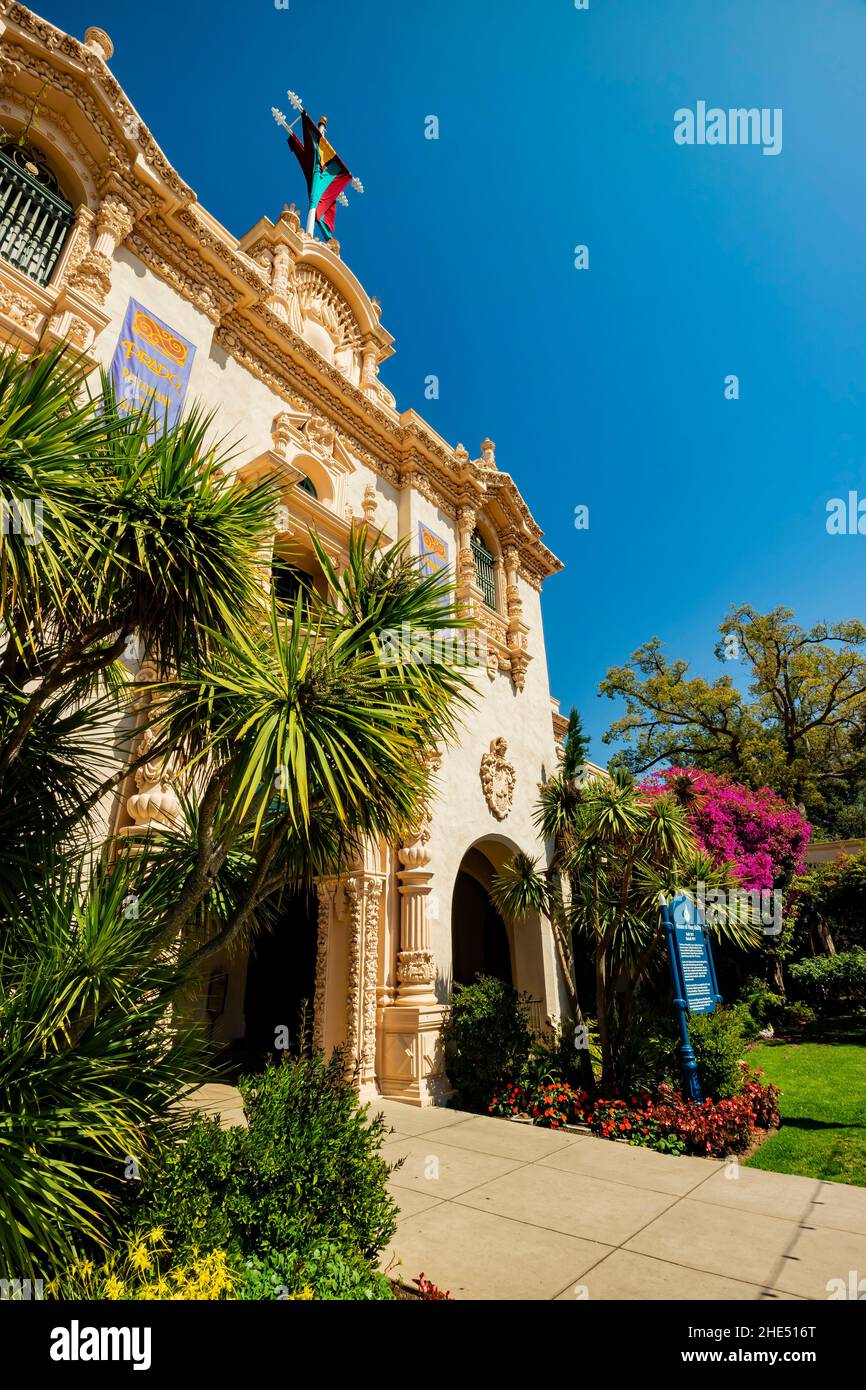 Sunny view of the Balboa Park with Bougainvillea blossom at San Diego ...