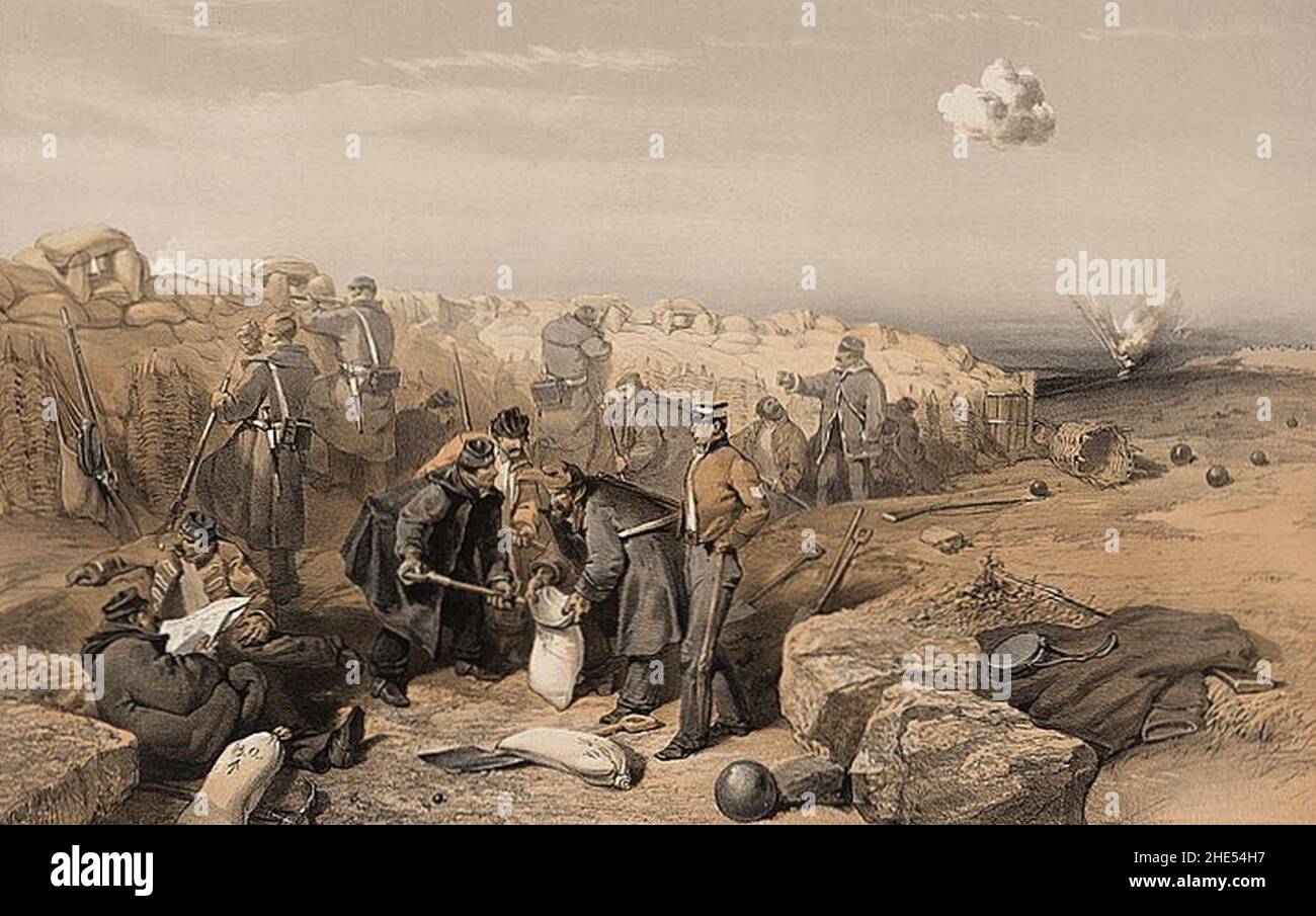 Russian rifle pit - now part of the British advanced trenches Stock ...