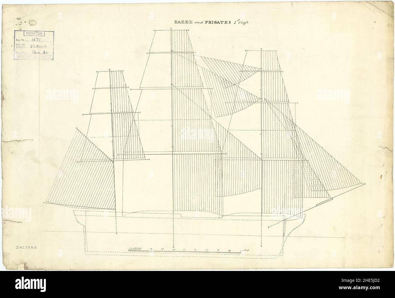 Sail plan for Razee (cut down) and First Class Frigates; Vernon (1832 ...