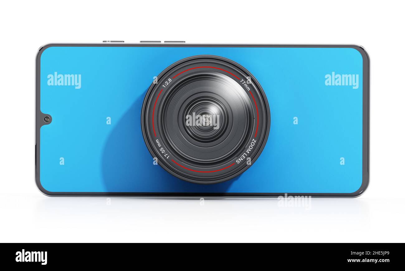 Smartphone with big camera lens isolated on white background. 3D ...
