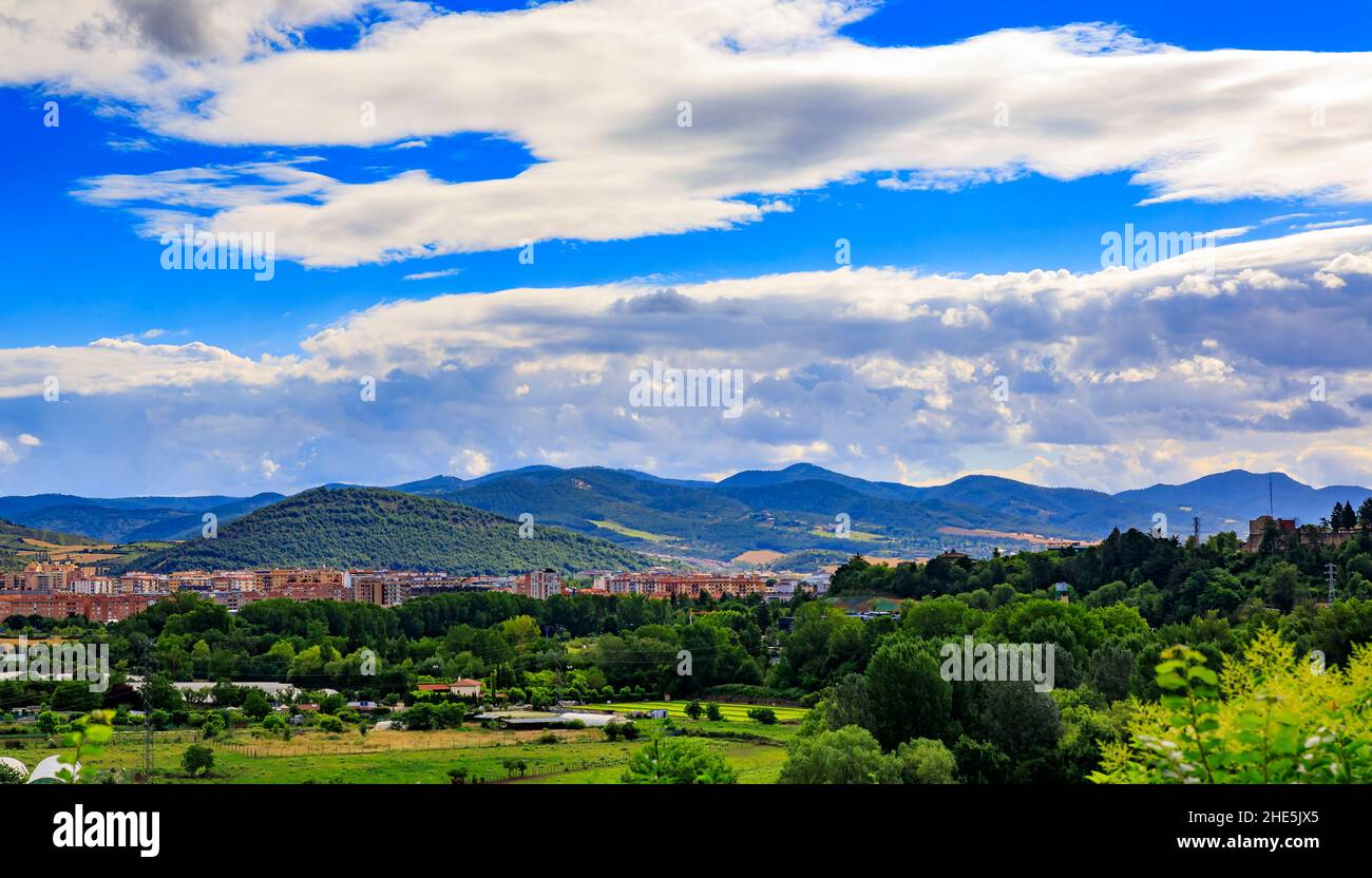 Landscape with a view of a valley and the Pyrenees mountains in the ...