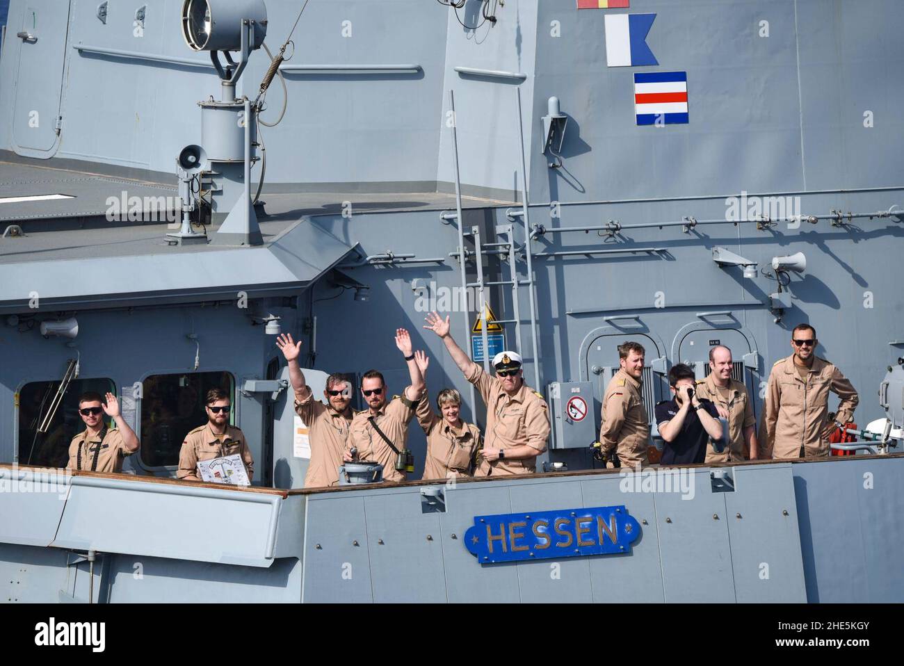 Sailors aboard the German frigate Hessen (F221) on 30 April 2018 ...