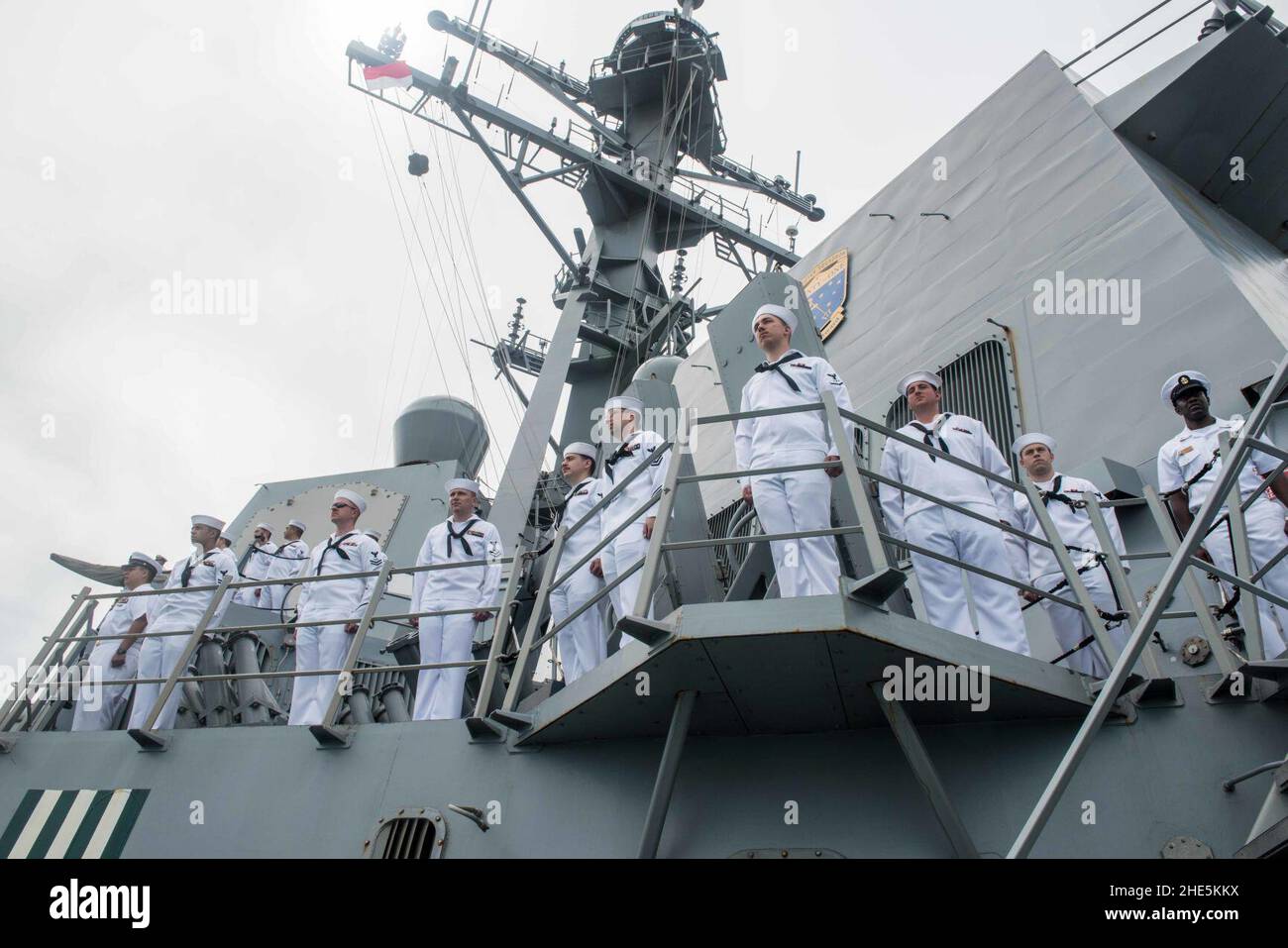 Sailors aboard USS Stockdale man the rails for an International Fleet ...