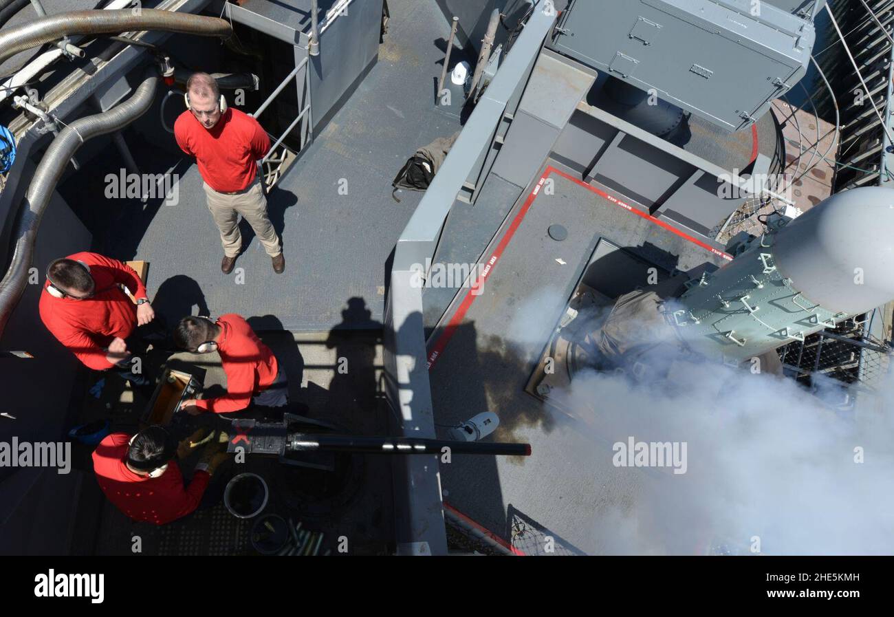 Sailors aboard USS Nimitz perform a 21-gun salute in honor of Memorial ...