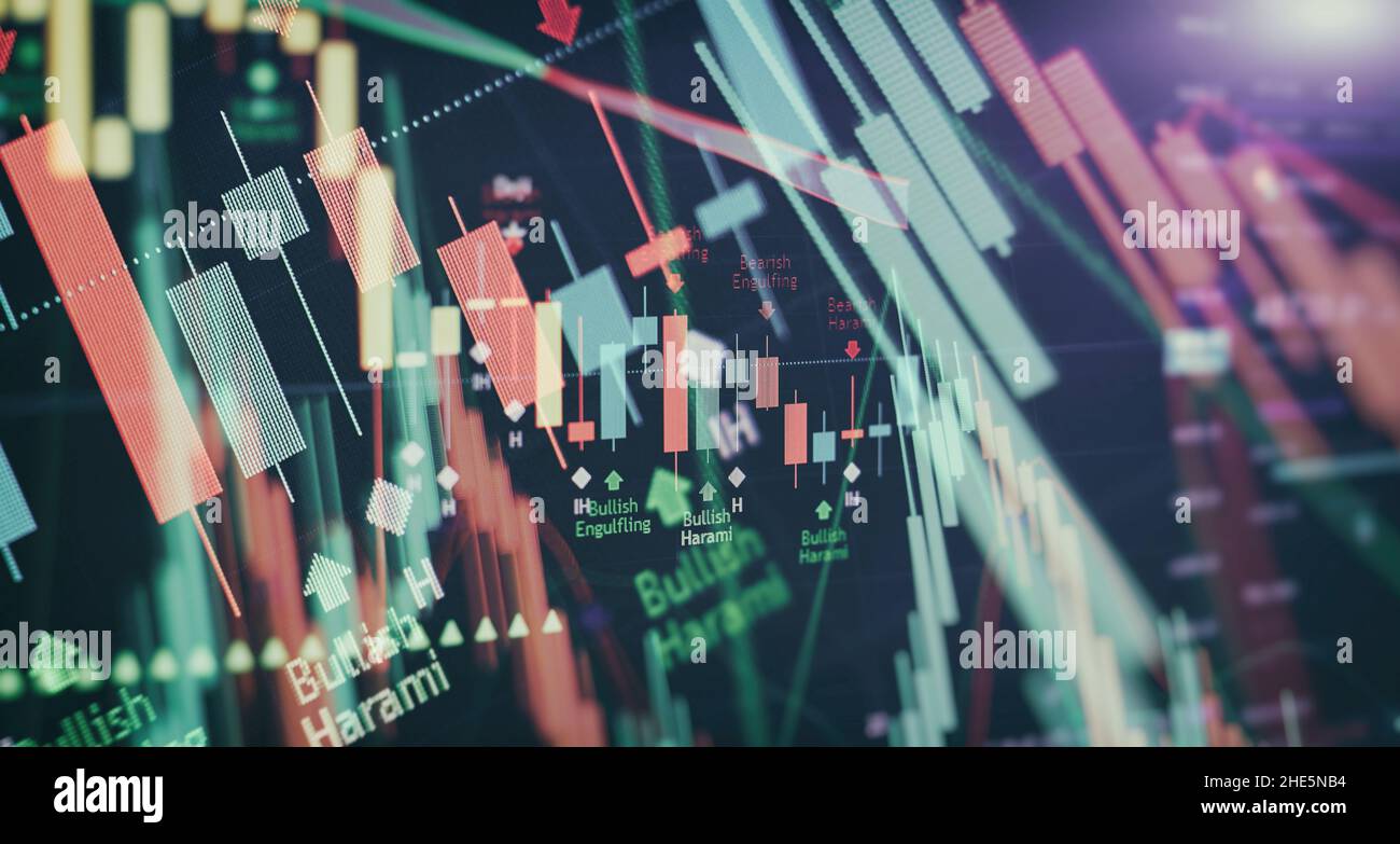 Indicator, red and green candlestick chart on blue theme screen, market ...