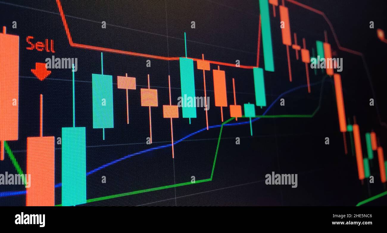 Indicator, red and green candlestick chart on blue theme screen, market ...