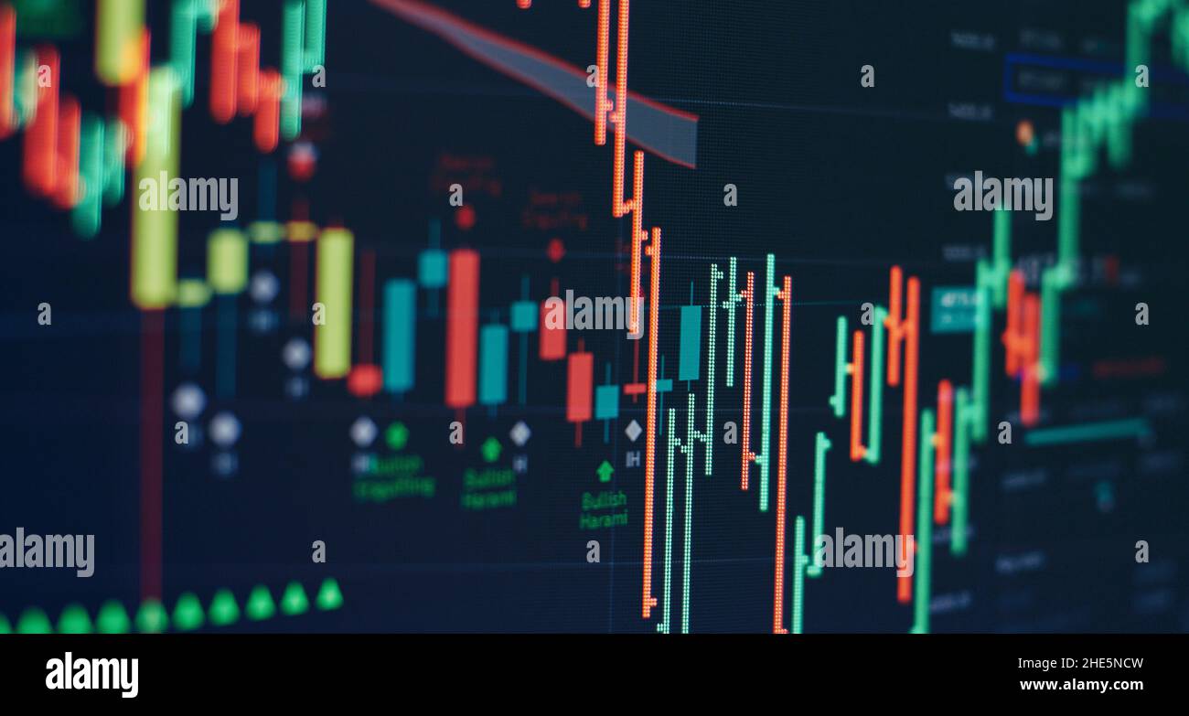 Indicator, red and green candlestick chart on blue theme screen, market ...
