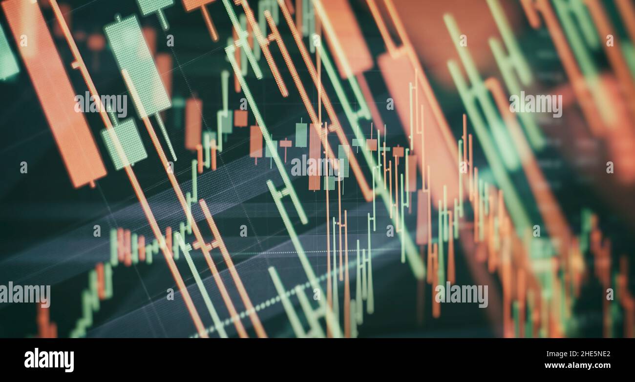 Blurry growing digital graph interface over dark blue background ...