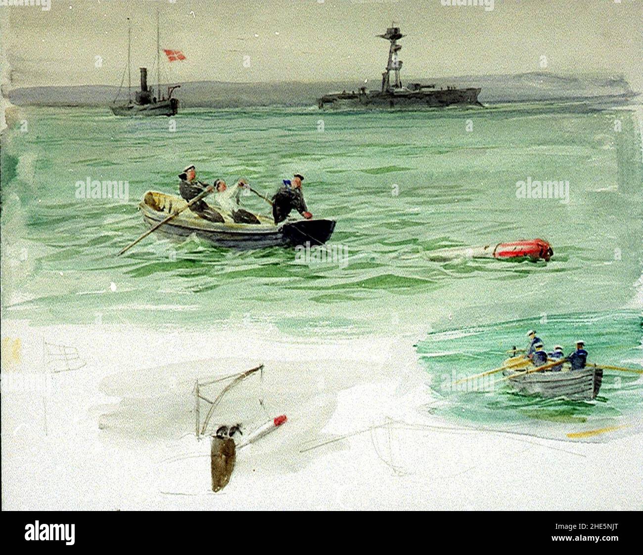 Sailors in a rowing boat retrieving a practice torpedo to a tender ...