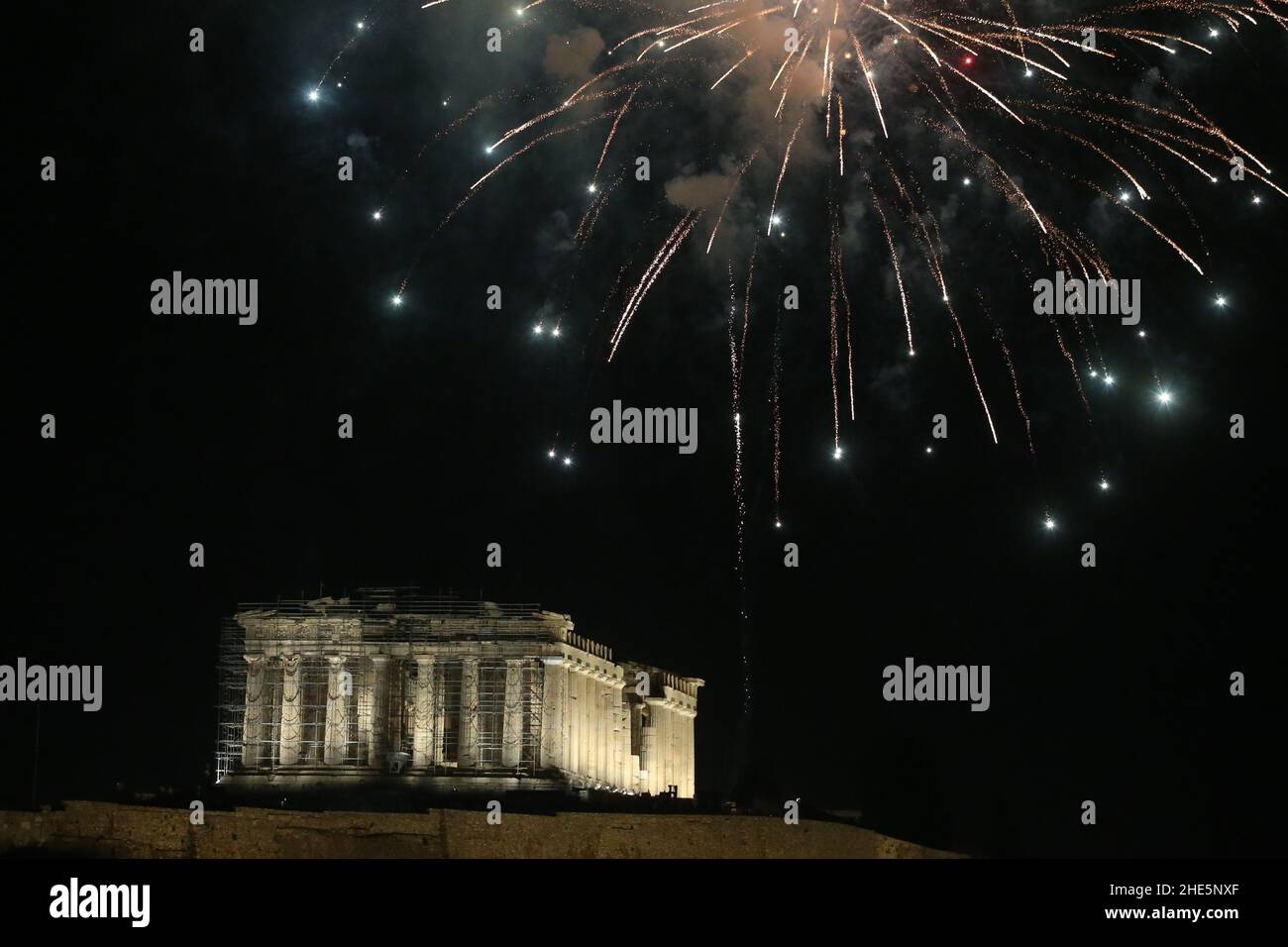 Fireworks explode over the ancient Parthenon temple at the Acropolis ...