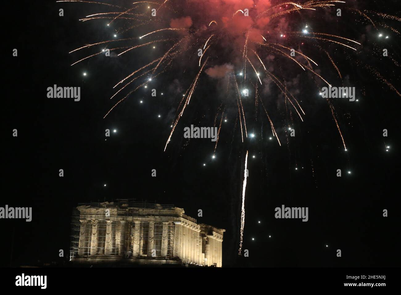 Fireworks explode over the ancient Parthenon temple at the Acropolis ...