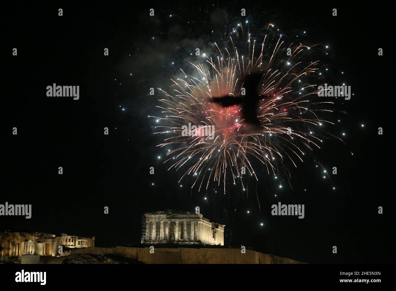 Fireworks explode over the ancient Parthenon temple at the Acropolis ...