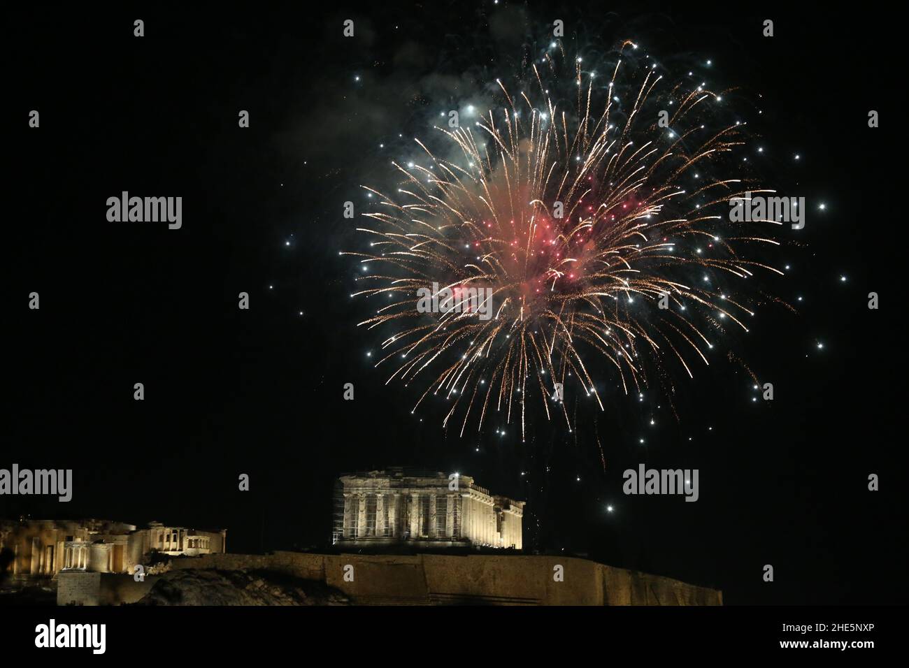 Fireworks explode over the ancient Parthenon temple at the Acropolis ...