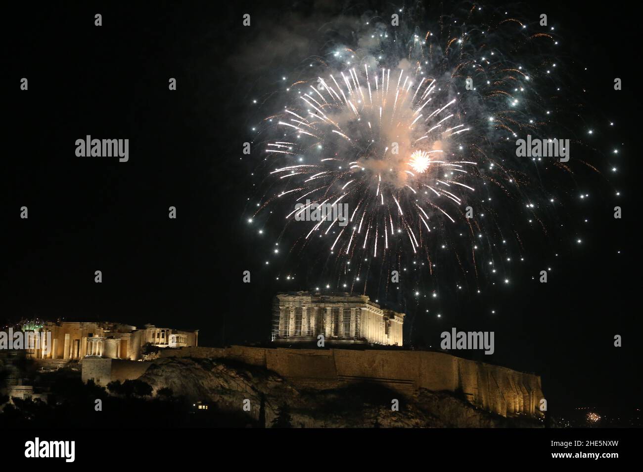 Fireworks explode over the ancient Parthenon temple at the Acropolis ...