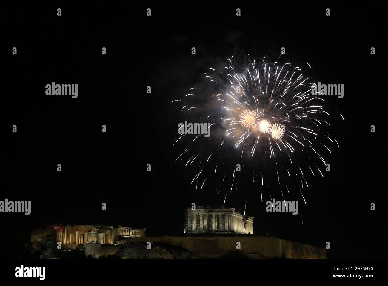 Fireworks explode over the ancient Parthenon temple at the Acropolis ...