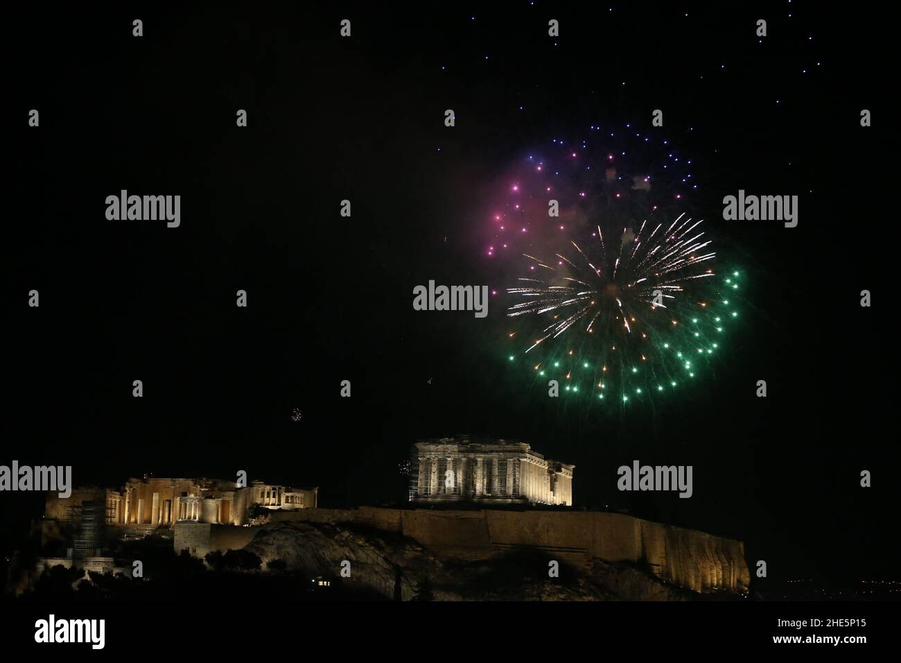 Fireworks explode over the ancient Parthenon temple at the Acropolis ...