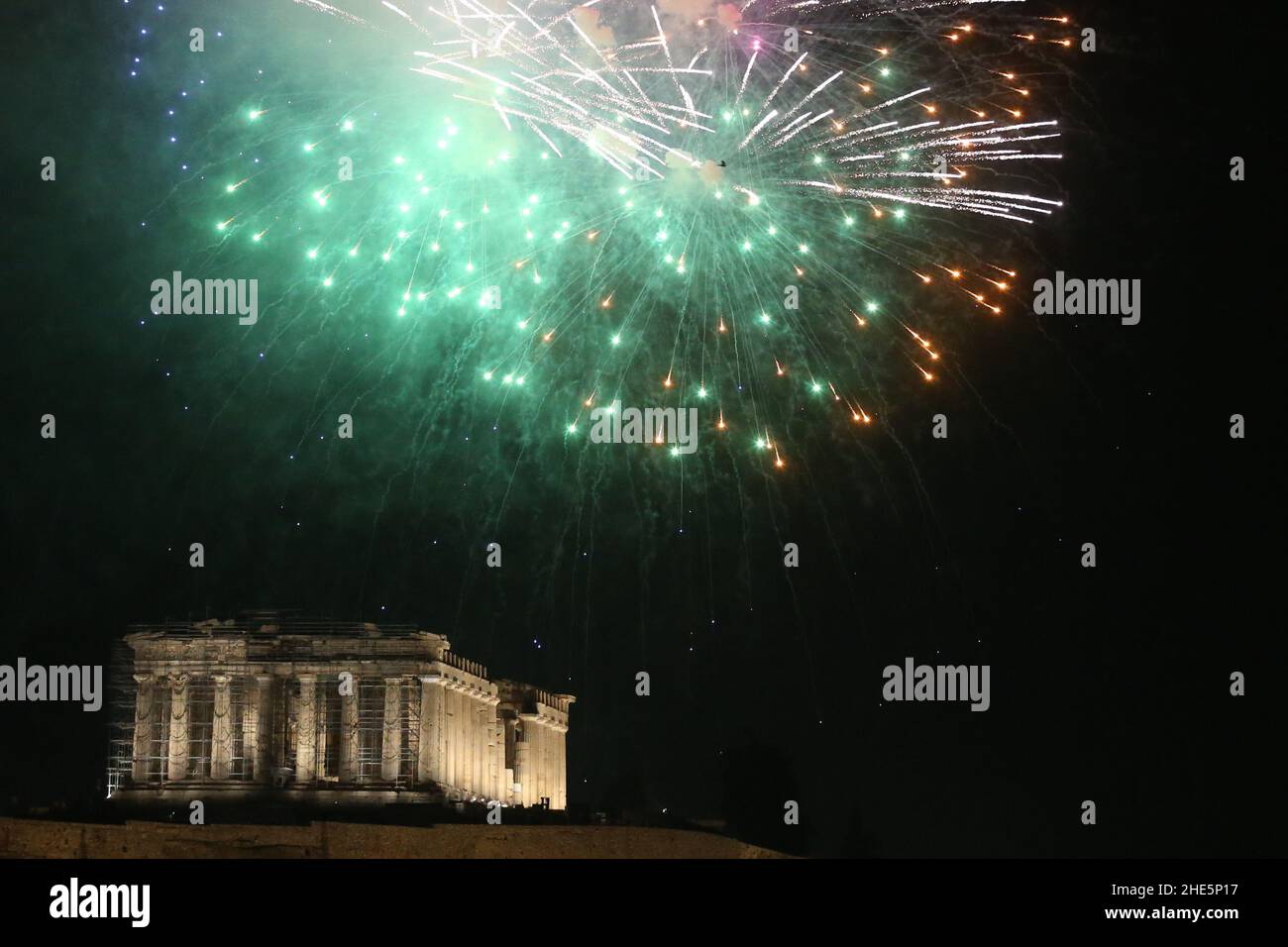Fireworks explode over the ancient Parthenon temple at the Acropolis ...