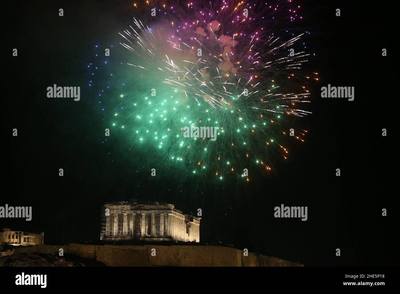 Fireworks explode over the ancient Parthenon temple at the Acropolis ...