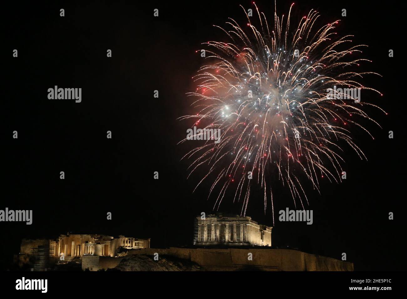 Fireworks explode over the ancient Parthenon temple at the Acropolis ...