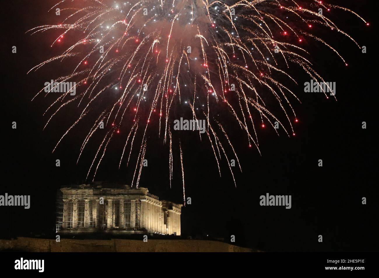 Fireworks explode over the ancient Parthenon temple at the Acropolis ...