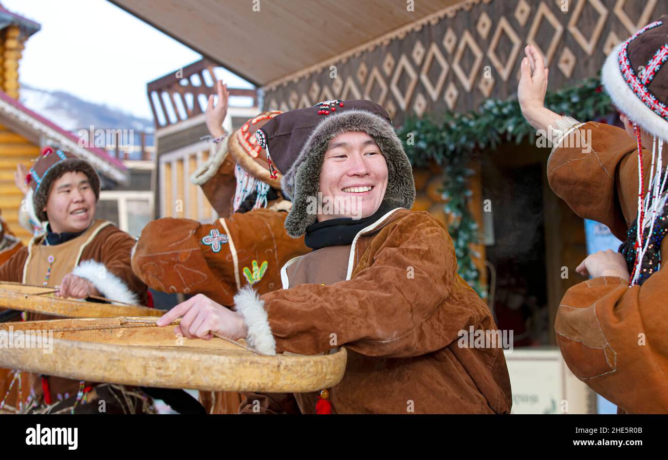 Folk ensemble performance in dress of indigenous people of Kamchatka ...